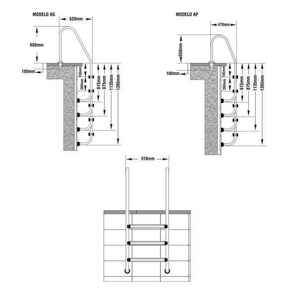 Escada Arco Grande 5 degraus Aço Inox Albacete - carrapeta